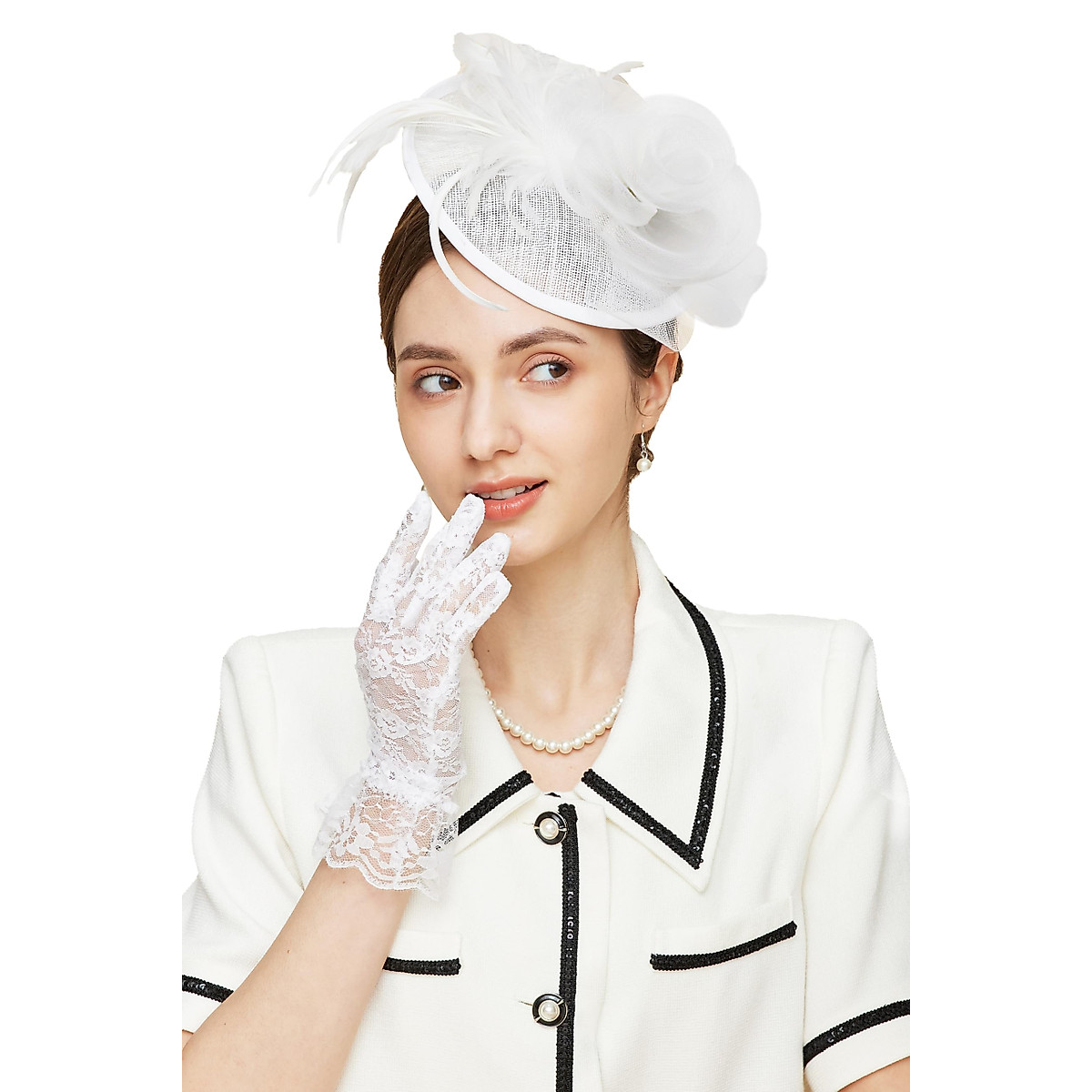 Gionforsy Fascinators Hats for Women Feather Kentucky Derby Hats with Pearl Necklaces Lace Gloves Wedding Veil Hat (US, Alpha, One Size, White)