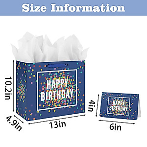 13" Large Happy Birthday Gift Bag Blue with Card and Tissue Papers for Men Boys Colorful Dots Design with Handles