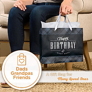 Christian Art Gifts Landscape Gift Bag with Card and Tissue Paper Set - Happy Birthday and Many More, Black and Navy Blue Plaid, Large