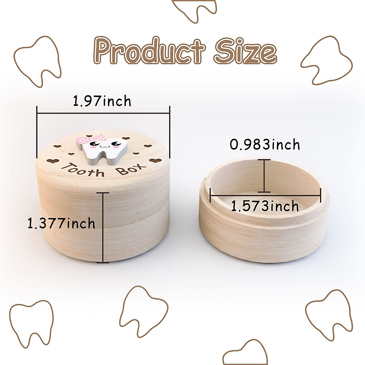 Azbuk Tooth Box for Girls, Heart Carved Wooden Box with 3D Tooth, Stores Lost Teeth for Kids, Easy to Carry, Souvenir Dropped Tooth Keepsake Storage Box Gift for Little Girl（P-bowtie-T）