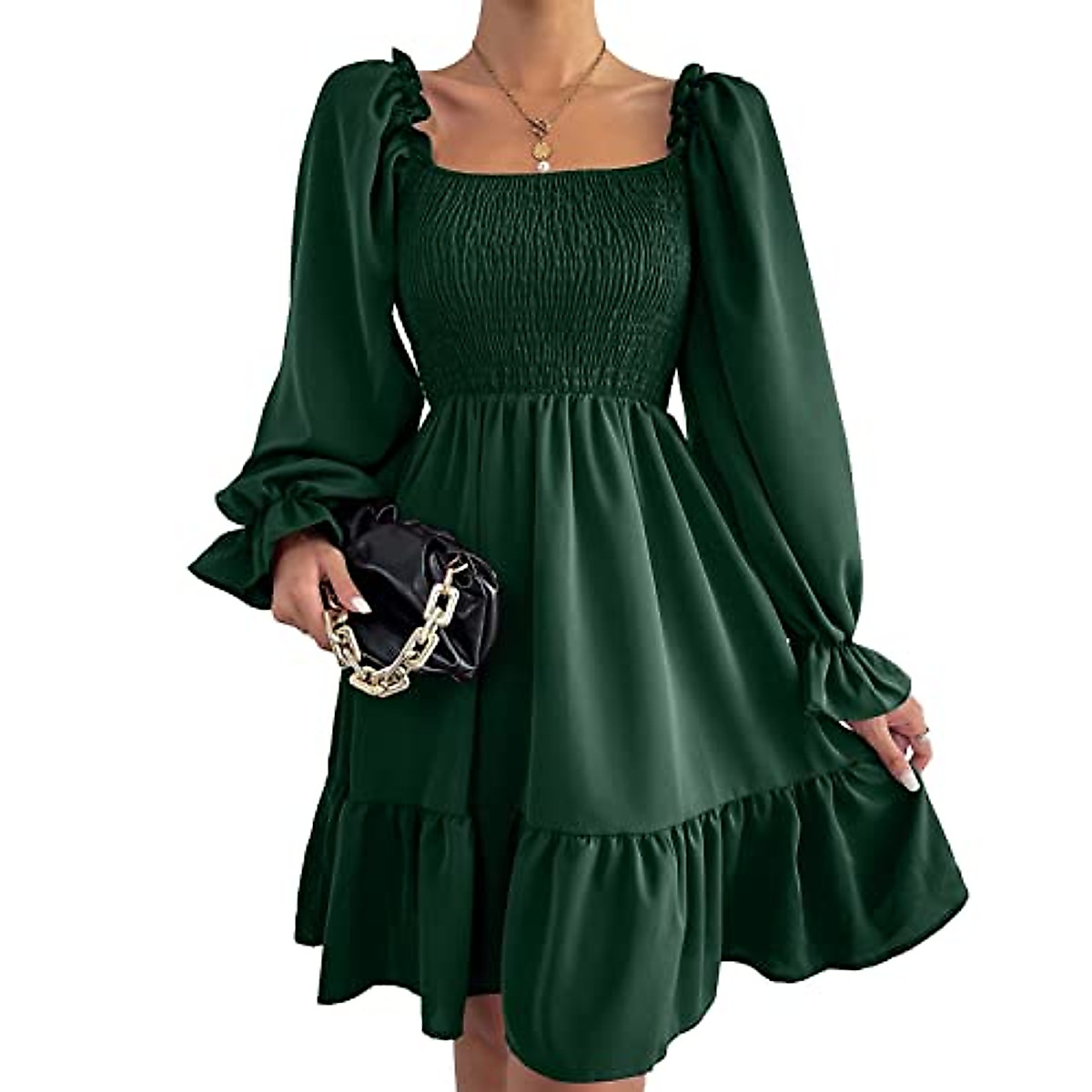 Ekaliy Women's Casual A line Dress Knee Length Puff Sleeves Smocked Elegant Homecoming Dress Green S
