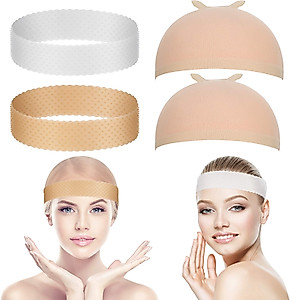 WILLBOND 4 Pieces Nylon Wig Caps and Silicone Stretchy Wig Grip Band Set Seamless Non-slip Headband Adjustable for Women(White and Light Brown, Skin Color)