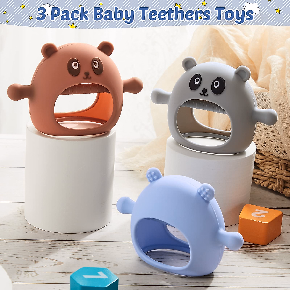 3 Packs Panda Baby Teething Toys for Babies 3 Months+ Silicone Baby Never Drop Teething Toys Anti Dropping Wearable Teething Mittens Baby Teether Baby Chew Toys for Babies Sucking Needs