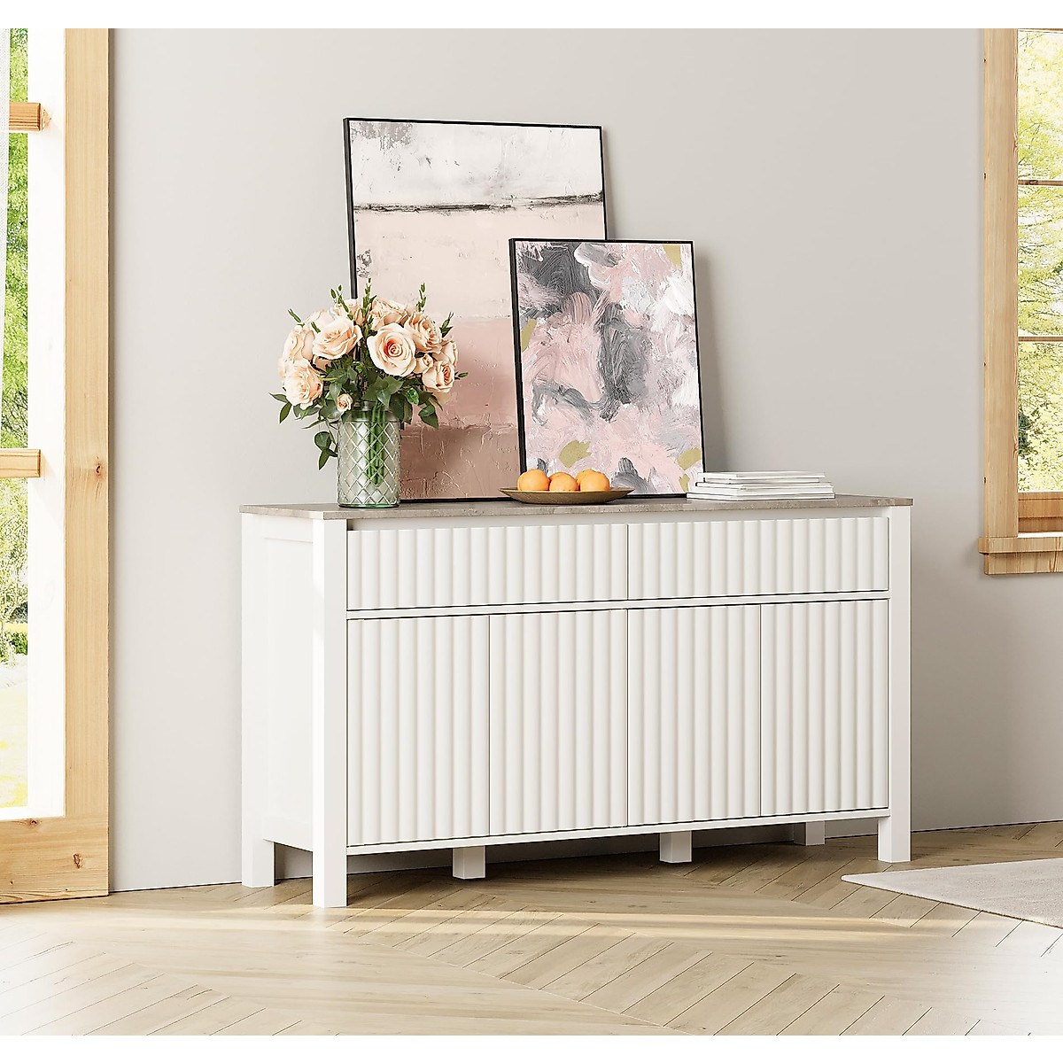 WAMPAT White Dresser for Bedroom with Doors, Modern Baby Dresser Wood Storage Organizer with Solid Wood Legs & Adjustable Shelves for Bedroom, Kids Room, Nursery