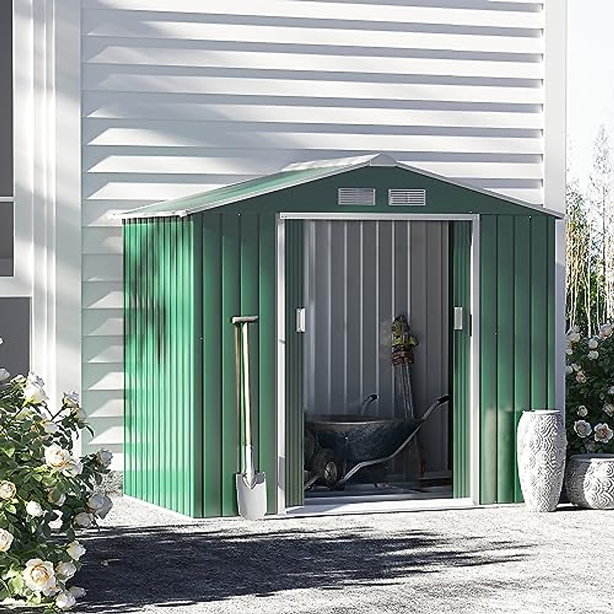 Outsunny 7' x 4' Outdoor Storage Shed, Garden Tool House with Foundation, 4 Vents and 2 Easy Sliding Doors for Backyard, Patio, Garage, Lawn, Green
