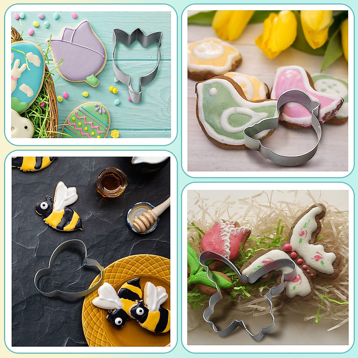 12 Pieces Flower Cookie Cutters Spring Cookie Cutters Set Jar Bee Butterfly Cherry Blossoms Tulip Flower Green Leaves Cookie Cutters Fondant Biscuit Cutters for Spring Holiday Summer Party Supplies