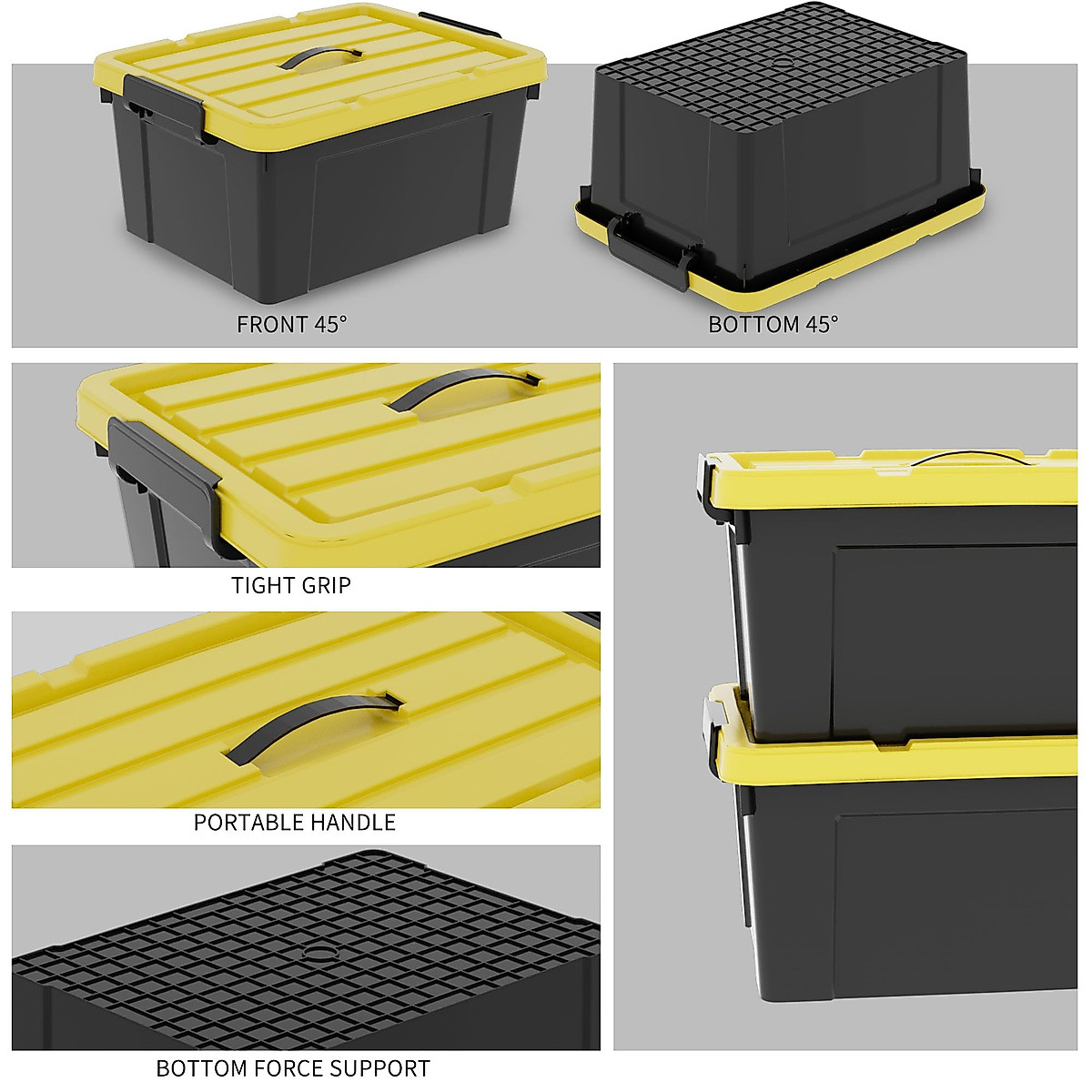 Cetomo 40Qt*4 Durabilt Flip Lid Stackable Heavy Duty Tough Storage Container Tote, Plastic Storage Bins, Storage Box, Black Base with Yellow Lid (4 Pack)