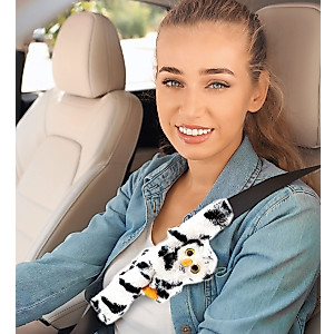 DolliBu White Owl Plush Car Seatbelt Cover - Soft Fluffy Cushion Support for Safety Seat Belt Strap Cover, Decorative Wild Life Stuffed Animal Padded Toy, Cute Vehicle Accessory for Kids & Adults