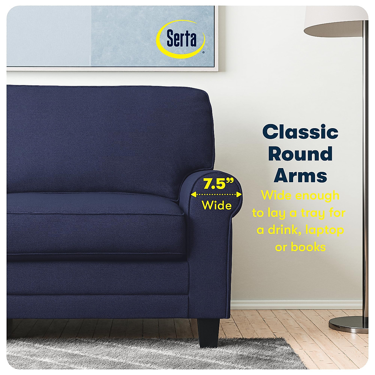 Serta Copenhagen 78" Sofa - Pillowed Back Cushions and Rounded Arms, Durable Modern Upholstered Fabric - Navy Blue
