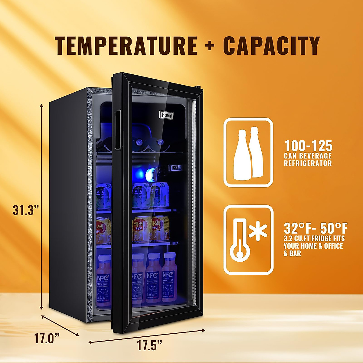 WANAI Beverage Refrigerator Mini Fridge Cooler Clear Glass Door 3.5 Cu.Ft Soda Beer Wine Fridges for Office Dorm Home Bar with Adjustable Removable Shelves White Inner