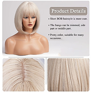 HAIRCUBE 12 Inch Blonde to White Bob Wigs with Bangs Ombre to Blonde Hair Synthetic Heat Resistant for Women