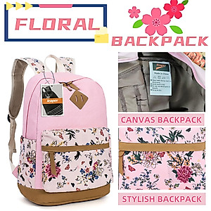 Leaper Girls Cute Backpack for School Laptop Backpack Canvas Travel Backpack for Women Kids Backpack College Kawaii Bookbag School Bags Floral Pink