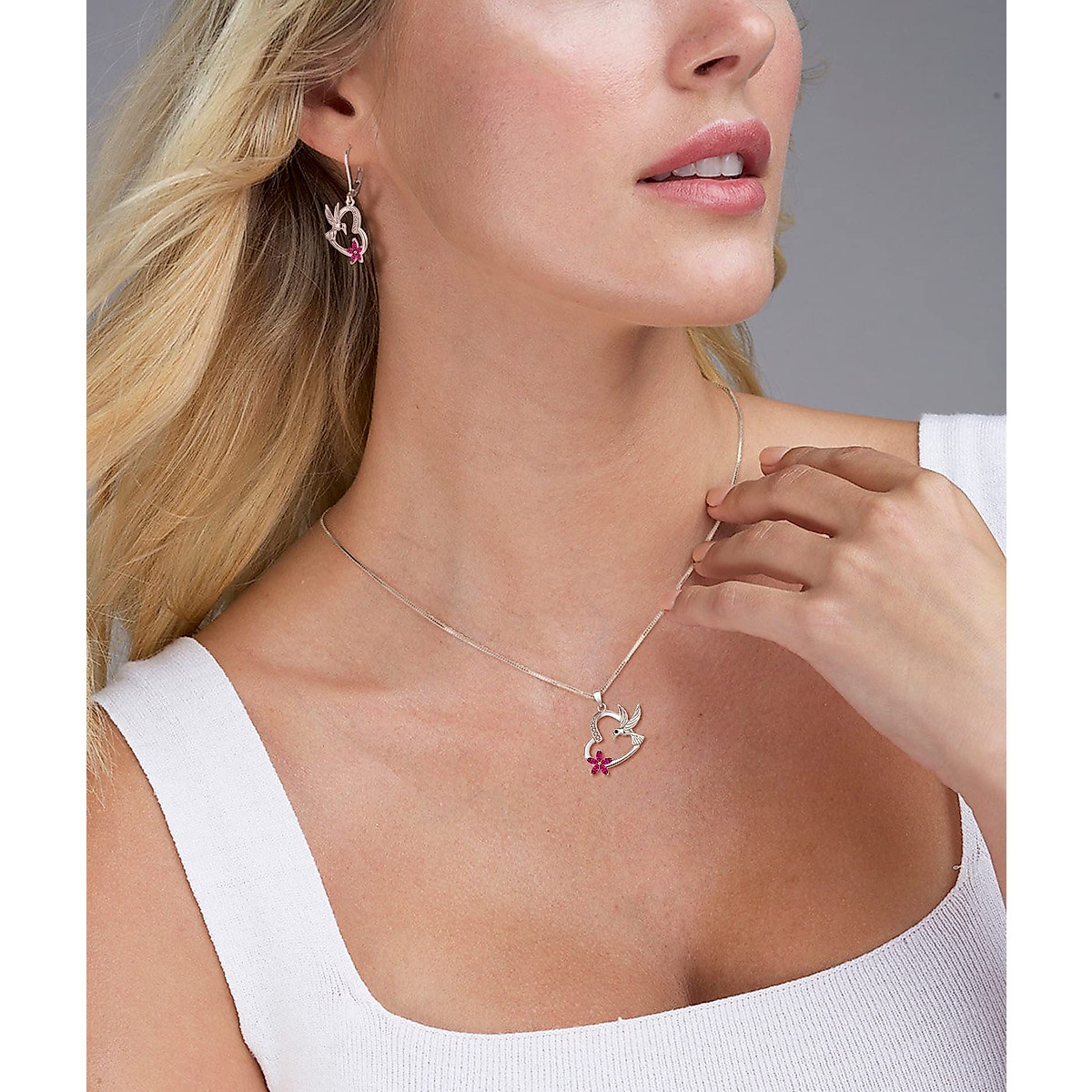 YL Hummingbird Necklace 925 Sterling Silver Heart Pendant Created Ruby Flower Jewelry for Women
