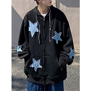 CEINOM Men's Star Patch Zip Up Hoodie for Men Women Graphic Hoodies Oversized Y2k Sweatshirt Jacket E-Girl 90s Streetwear (Black,S,Small)