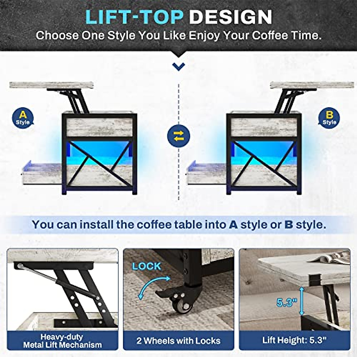 Itaar 40" Lift Top Coffee Table, 4 in 1 Coffee Tables with Storage for Living Room, Small Farmhouse Coffee Table with 2 Drawers & LED Light for Dining Reception Room, Rustic White