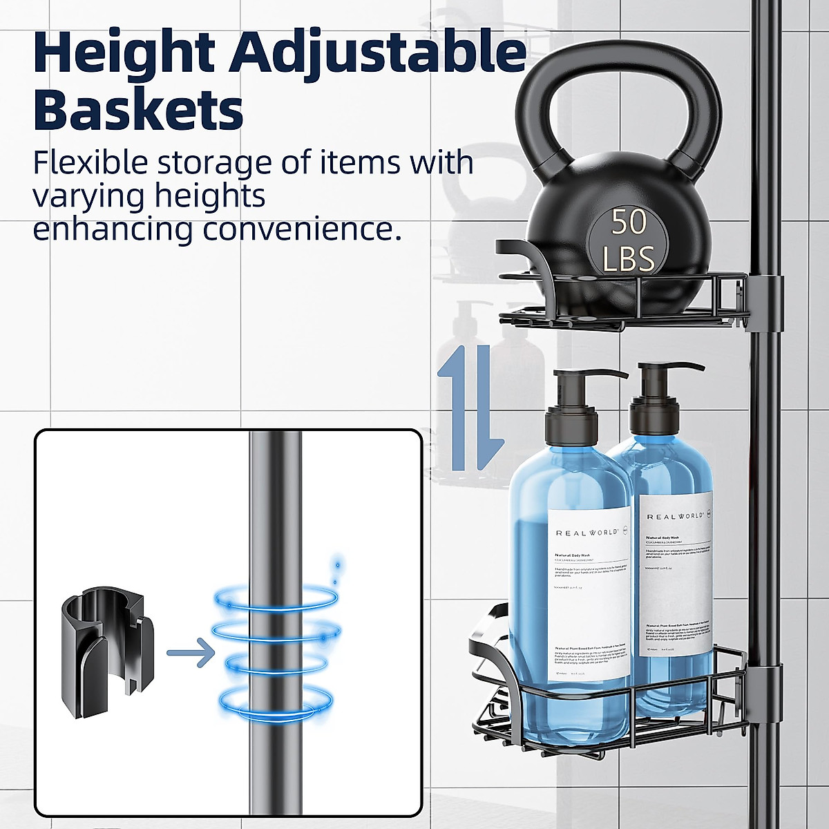 LAMU Corner Shower Caddy Tension Pole, Shower Corner Caddy Fits 29-111 Inch Heights, Tension Shower Caddy With Adhesive Clamp, Four-Tier Adjustable Shower Caddy, 4 Hooks, Thick Rustproof Steel, Black