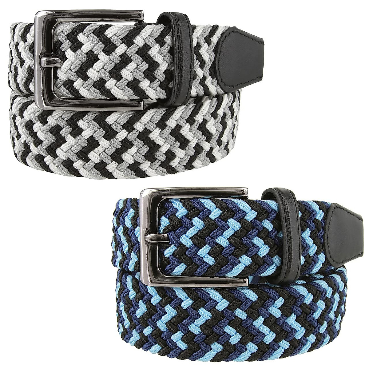 Braided Elastic Stretch Belt Casual Weave Canvas Fabric Woven Belt 1-3/8" Wide, 2 Count (Black/Blue/Navy- Black/Gray/White, L)