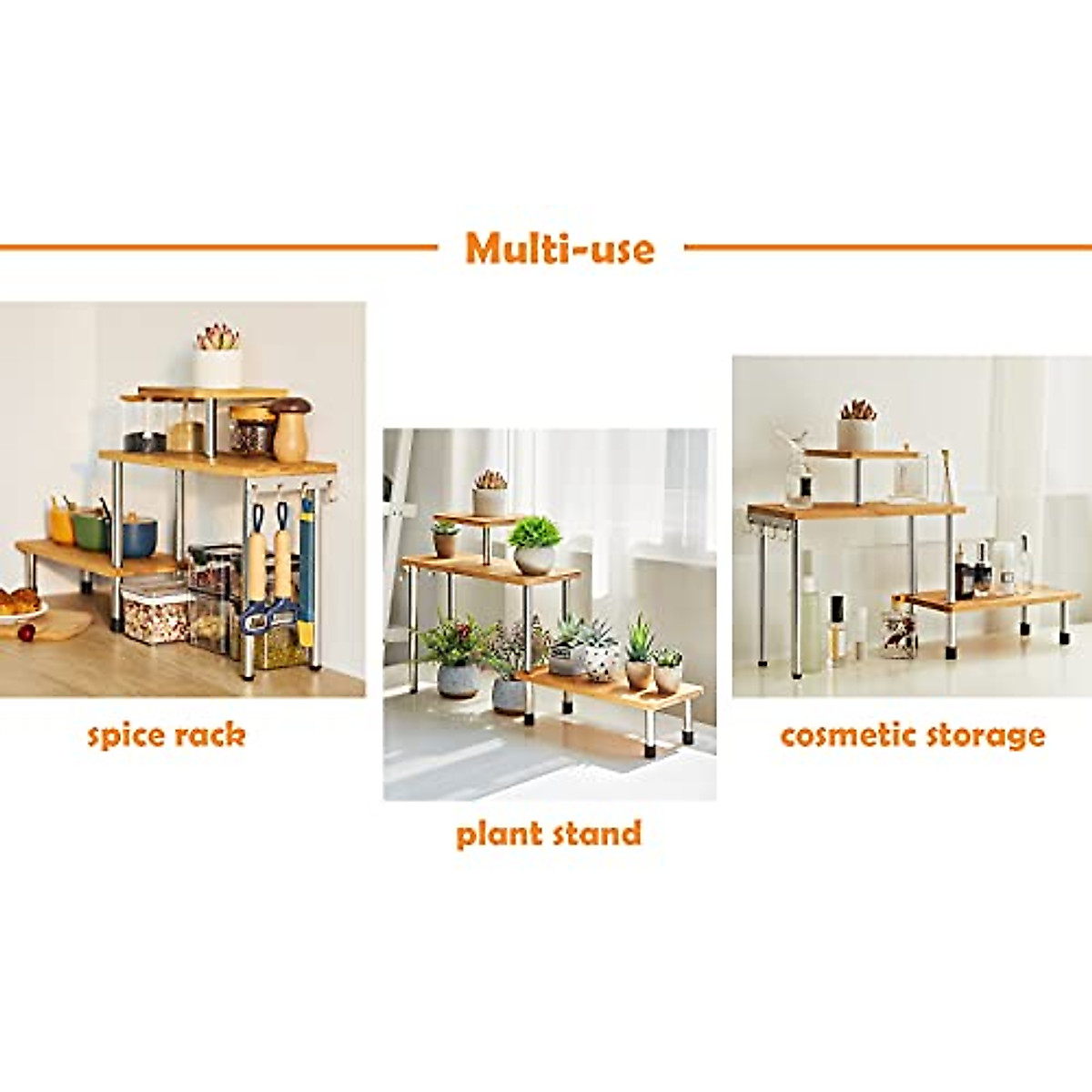 PETUPPY 3 Tier Corner Shelf-Bamboo & Metal Spice Rack with Hooks-Desk Bookshelf Display Shelves Space Saving Organizer,Freestanding Countertop Display Shelves for Bathroom & Office
