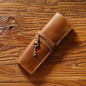 Acrecean Retro Genuine Leather Pencil Case, Rollup Pen, Pencil Pouch Wrap Foldable Tool, Pencil Storage Case for Adult Men & Women Office Work (Brown)