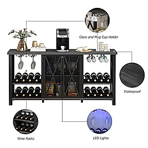 O&K FURNITURE Wine Bar Cabinet for Liquor and Glass with Storage & LED Lights, Rustic Metal Wood Wine Rack Buffet Cabinet, Industrial Coffee Bar Cabinet for Living Room, Home Bar (Grey)