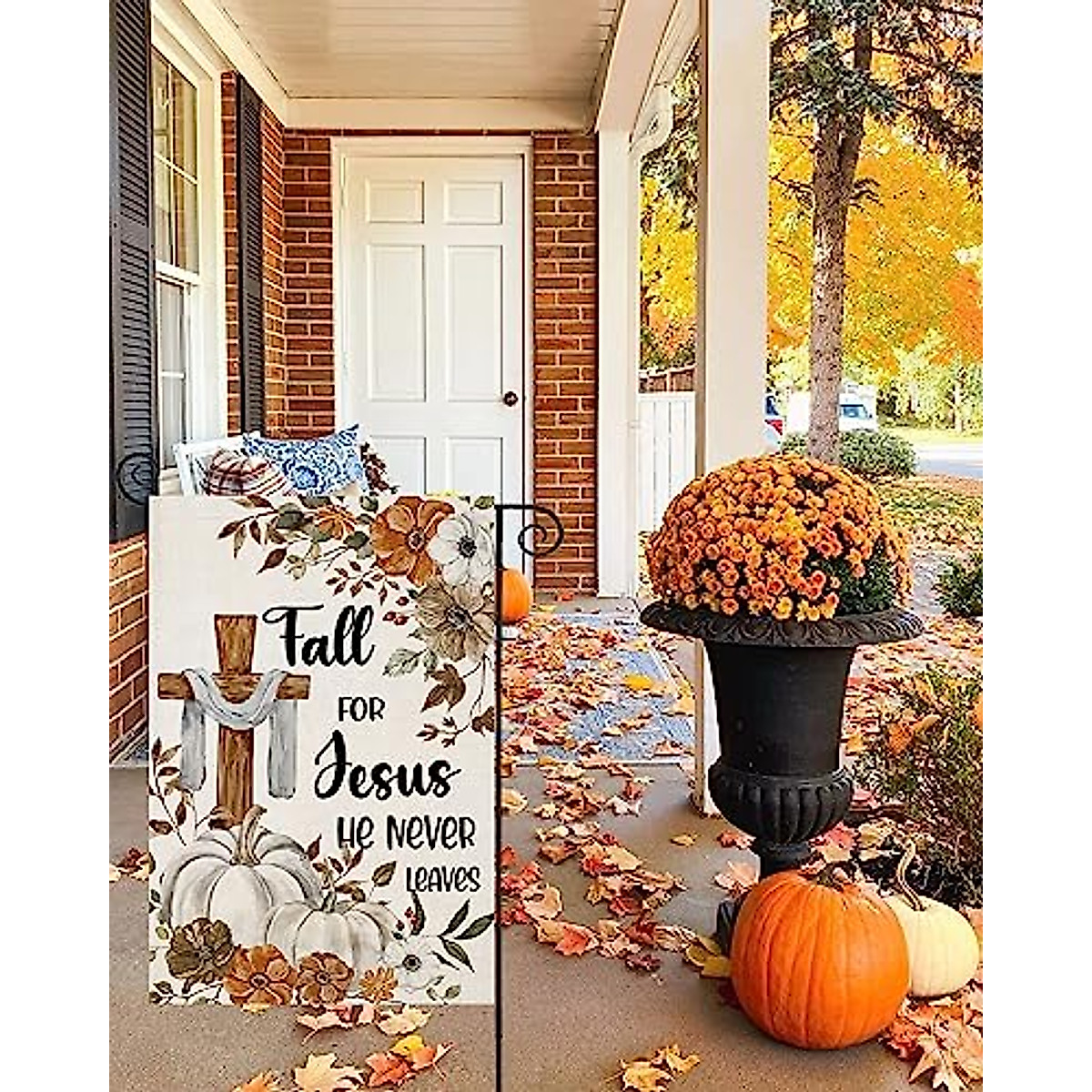 Fall Cross Garden Flags for Outside Decorations, Religious Cross Fall for Jesus with Pumpkins Maple Leaves Small Yard Flag, Harvest Autumn Thanksgiving Seasonal Farmhouse Holiday Outdoor Decor 12x18 Inch Vertical Double Sided