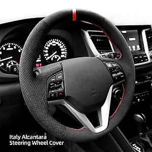 Alfanxi Hand Stitch Alcantara Steering Wheel Cover Compatible with Hyundai Tucson 2016-2023(Red Stripe)