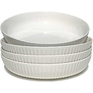 JDZTC Pasta Bowls set of 4 Medium white italian flat serving salad bowl set 8 inch Ceramic Dinner Plates (Wave-white)