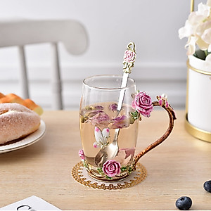 SUQ I OME Enamel Rose and Butterfly Flower Glass Tea Cup Glass Birthday Gifts For Women Mother Teacher Classmate Sister Wife with Spoon Beautiful Rose Flower Butterfly Christmas Valentines Wedding Day