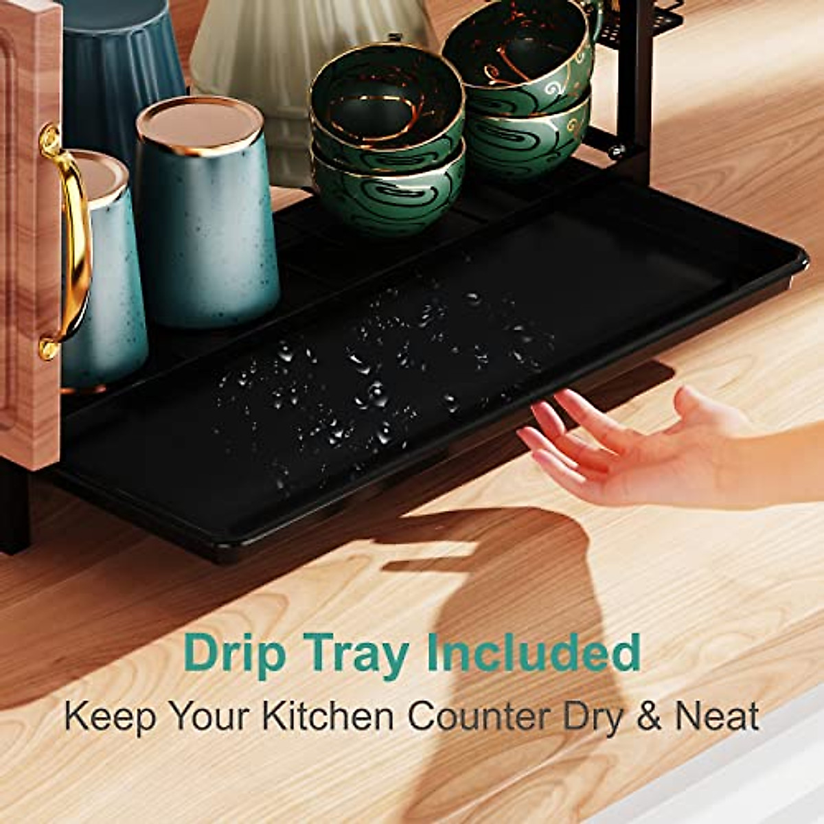 GSlife Dish Drying Rack, 2 Tier Rust-Resistant Dish Rack with Drainboard Compact Dish Drainer with Utensil Holder, Cutting Board Holder for Kitchen Counter, Black