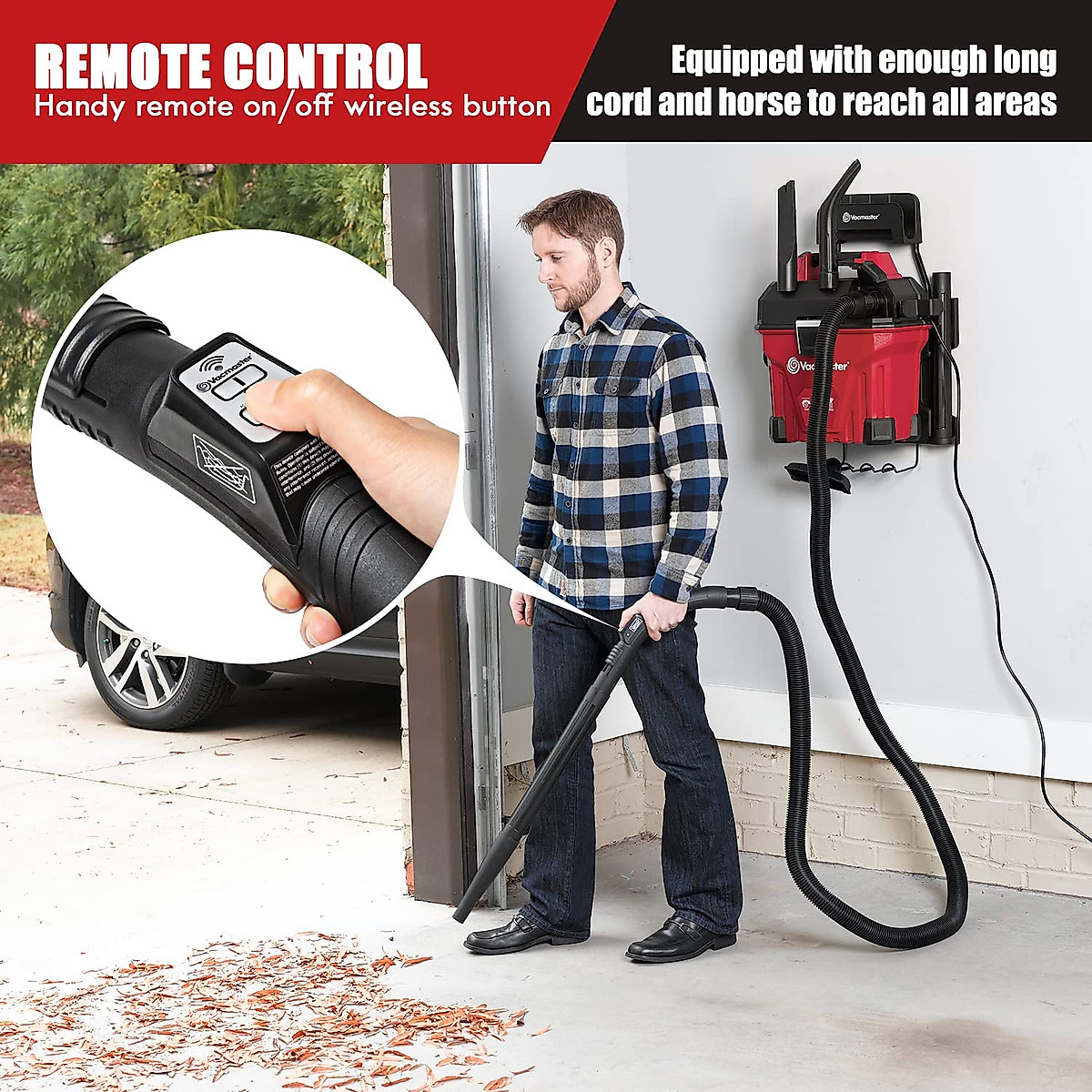 Vacmaster VWMB508 1101 5 Gallon Wall-Mount Wet/Dry Vacuum with Remote Control Operation Red