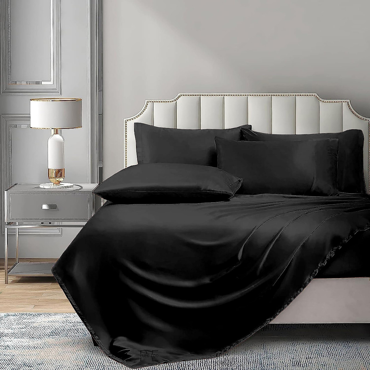 PURE ECO Rich Silk 6 Piece Satin Sheet Set Twin XL Size (39x80)+ Upto 12 Inch Deep Pocket Black Color Smooth Soft and Silk Satin Bed Sheets Twin Size Bedding Set