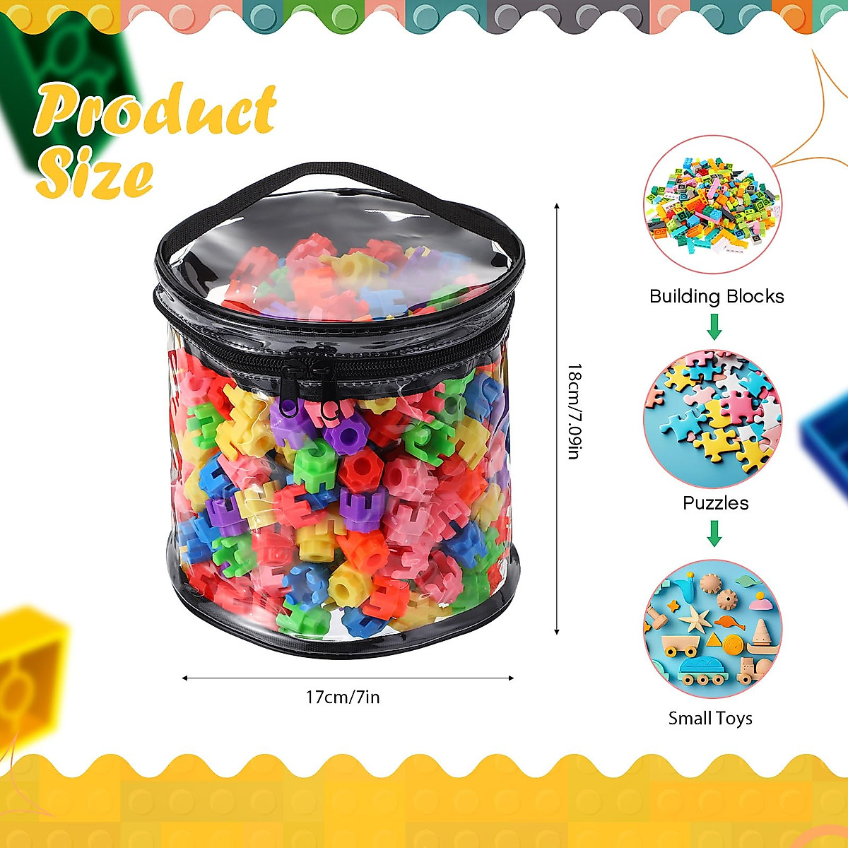 Ribbonlic 6 Pcs Toy Storage Bags, PVC Clear Toy Organizing Bags with Zipper, Waterproof Toy Bags for Board Games, Building Blocks, Puzzles and Small Toys