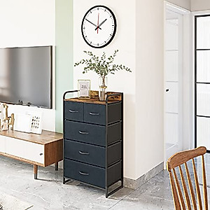 USJRAO Suede Fabric Dresser with 5 Drawers and Shelves Tall Chests of Drawers Sideboard Organizers Unit Storage Tower for Closet Bedroom Living Room Hallway Entryway Steel & Wood Black