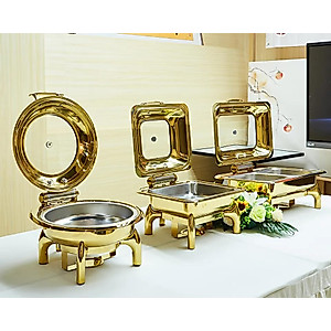 HONHPD Gold Chafing Dish Buffet Set,9 Quart Rectangular Chafer, with Glass Top, Soft-Close Lid,Food Pan, Water Pan and Fuel Holders, for Wedding, Parties, Banquet,Catering Events (2 Half Size)