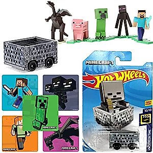 Gamer Cart Compatible with Minecraft Minecart Bundled with Die-Cast Car + Creeper Dragon Enderman Player Steve Pig + Sticker Scene Dungeons Mob Character Fun Gear 3-Items