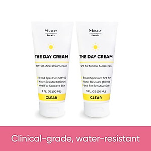 Musely Day Cream Mineral SPF 50, Clinical Grade Sunscreen, Broad-Spectrum, Water Resistant, 3 Fl Oz, Clear Color, 2x Bundle