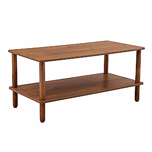 GIA Modern 2-Tier Coffee Table with Open Storage Shelf, Rectangular Living Room Center Table with Rounded Rubberwood Legs, Durable & Stable Wooden Furniture,Walnut Brown