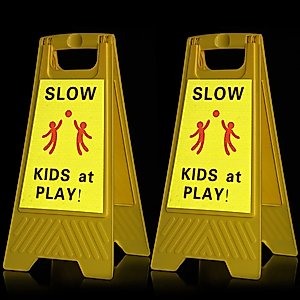 Dreyoo 2 Pack Slow Down Kids at Play Sign, 24 Inch Reflective Double Sided Slow Children at Play Signs, Caution Kids Playing Safety Signs for Street Neighborhood Yard School Park Sidewalk and Driveway