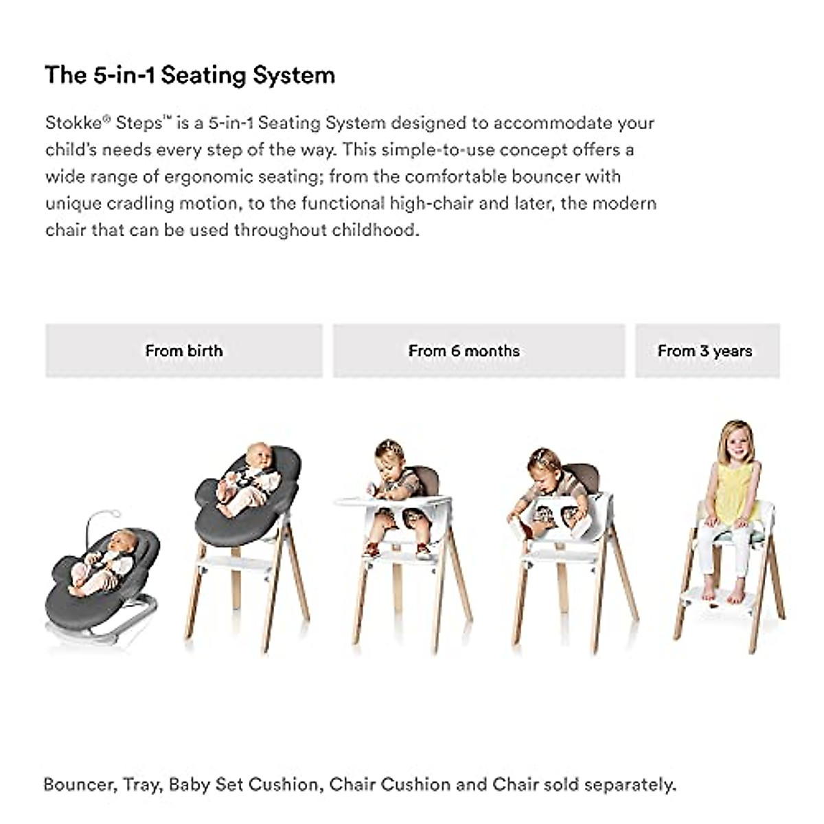 Stokke Steps Baby Set, White - Transform Stokke Steps Into Comfortable High Chair - Suitable for Baby from 6 Months - Includes 5-Point Safety Harness - Tool Free, Adjustable & Ergonomic