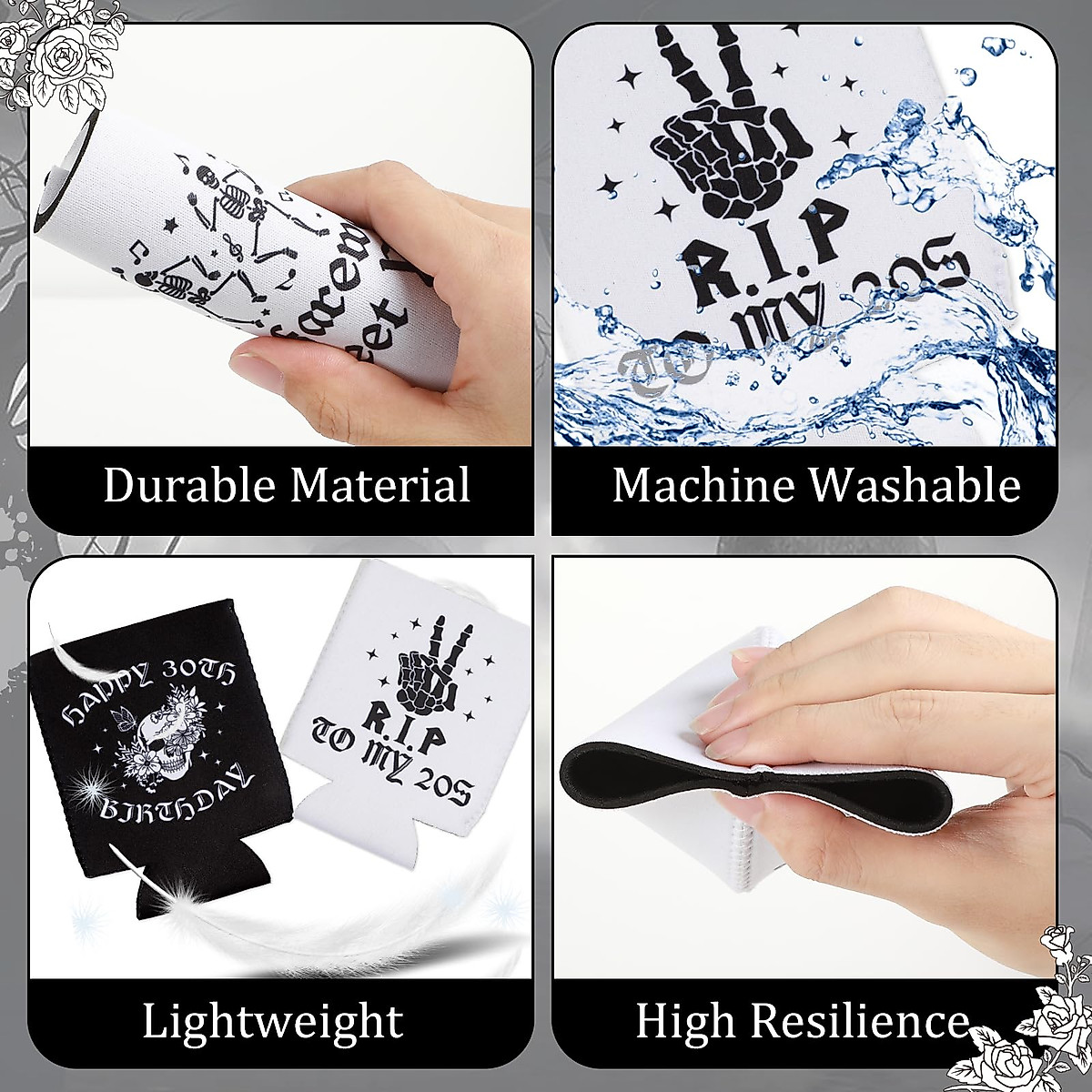 16PCS Gothic 30th Birthday Party Can Sleeves Death to My 20s Can Cooler Party Supplies RIP Cheer Youth Bachelorette Beverage Sleeves Favor for Birthday Bachelorette Party Halloween Party Decorations
