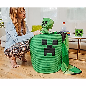 Minecraft Green Creeper Woven Cotton Rope Hamper Storage Basket For Laundry, Dirty Clothes Organizer