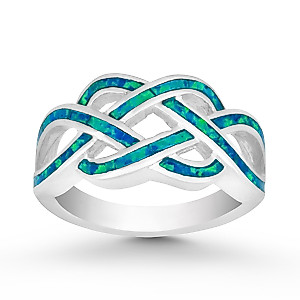 Created Blue Opal Interwoven Design Ring Sterling Silver Jewelry for Women or Teens-8