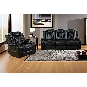 A Ainehome Living Room Furniture Power Recliner Set, Leather Sectional Sofa Set for Living Room, Home Theater, with LED Lights, Hide-Away Storage, Wireless Charging(B-Black,Sofa+Chair)