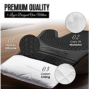 Foodobay Silicone Oven Mitts - 12.5” Jet Black Oven Mitts Heat Resistant 500F - Grippy Design,Soft Lining Silicone Oven Gloves - Oven Mits Set for Cooking Baking Kitchen Mittens Pot Holders Set of 2