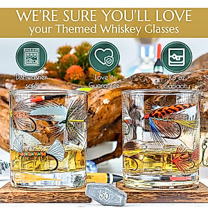 Greenline Goods – Fly Fishing Glass Set for Fisherman and Outdoorsman – Fly Lures Themed 10 oz Whiskey Drinking Glass Set of 2
