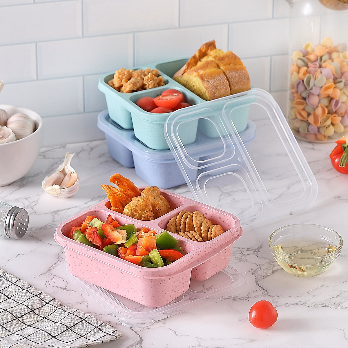 MONGSEW 3PCS Stackable Snack Box with 3 Compartments, Lunch Containers & Bento Box for Kids and Adults (3Pack, 3Colors)