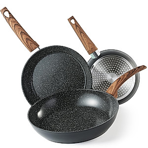 Vkoocy Non Stick Frying Pan Skillet Set, 8" 9.5" 11" Nonstick Pan Set Induction Cookware Set Omelet Pans, Granite Stone Chef's Pan, Black Kitchen Pan Set