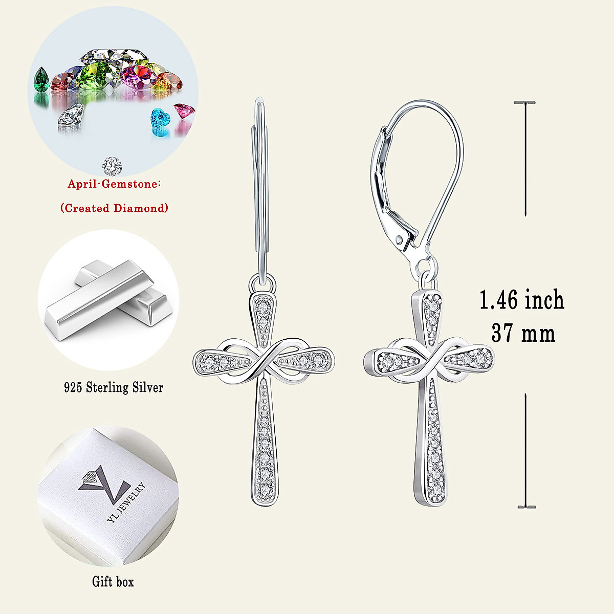 YL Cross Earrings Sterling Silver Infinity Dangle Drop Earrings Cubic Zirconia Criss Leverback Jewelry