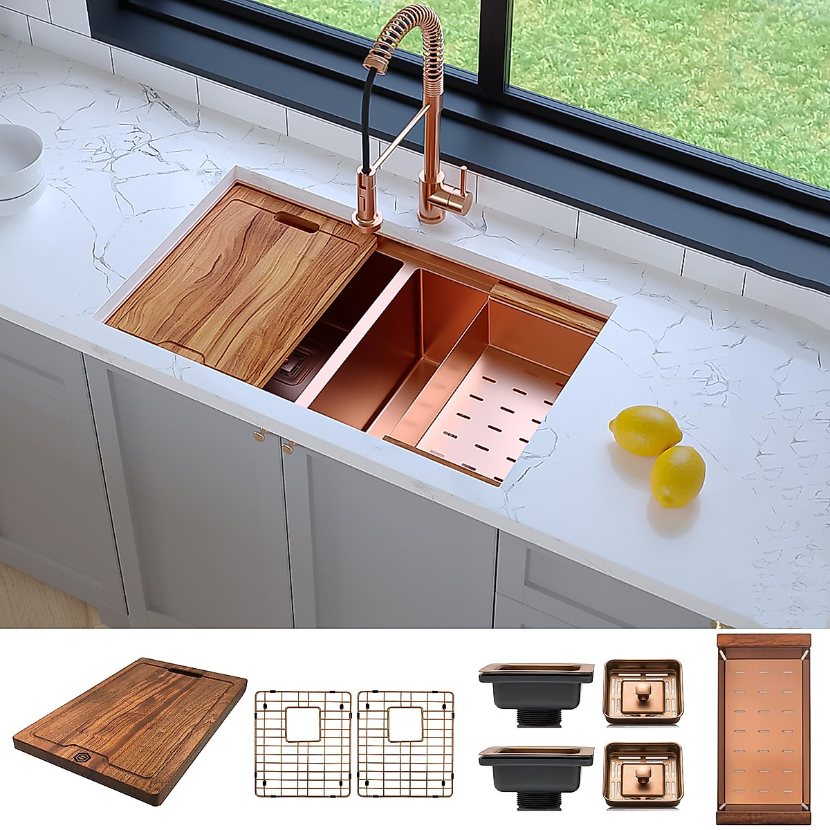 Strictly Sinks 32” Undermount Workstation Copper Kitchen Sink– 16 Gauge Double Bowl Kitchen Sink with Bottom, Grid Wooden Cutting Board, Colander and Two Strainer Square Drains