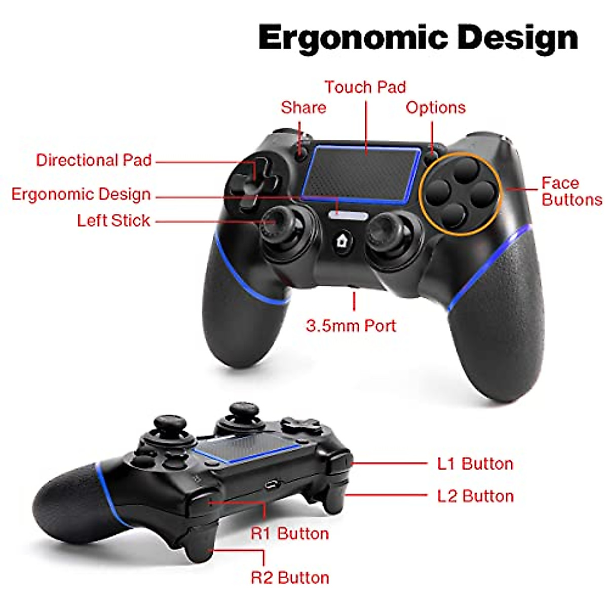 PPCgrop Wireless PS4 Controller Remote Controller Compatible with PS4/Slim/Pro, Wireless Gams Controller with Dual Vibration, 6-Axis Motion, Audio Function, Mini LED Indicator